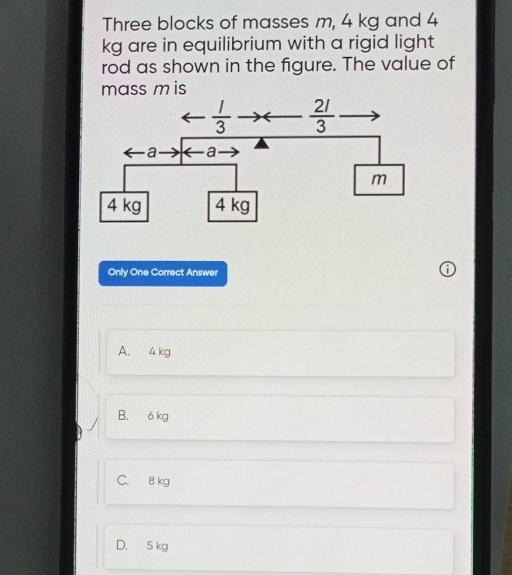 Three blocks of masses m,4 kg and 4 kg are in equilibrium with a rigid li..