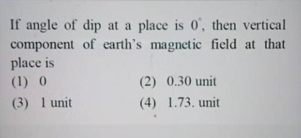 If angle of dip at a place is 0∘, then vertical component of earth's magn..