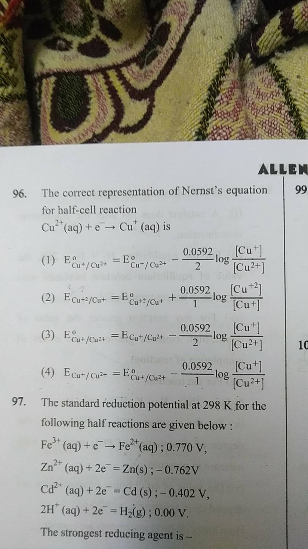 The correct representation of Nernst's equation for half-cell reaction Cu..