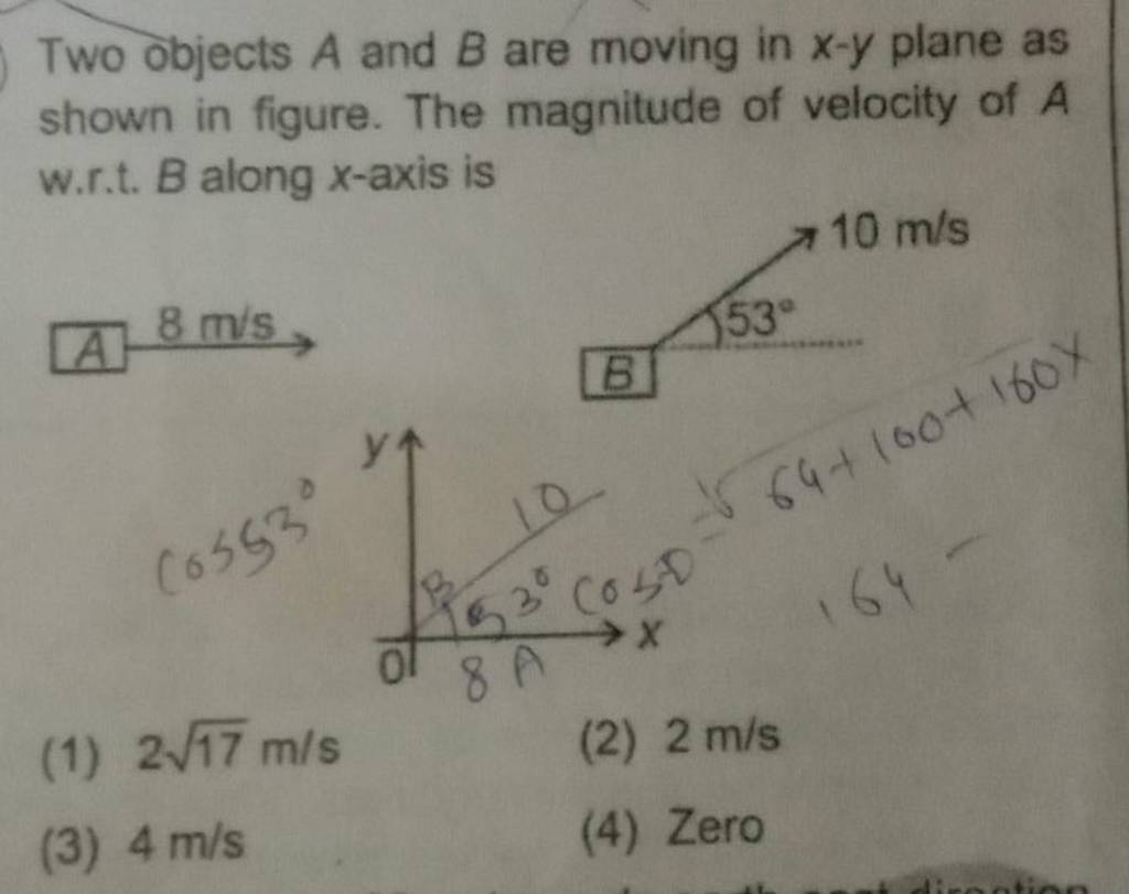Two objects A and B are moving in x−y plane as shown in figure. The magni..