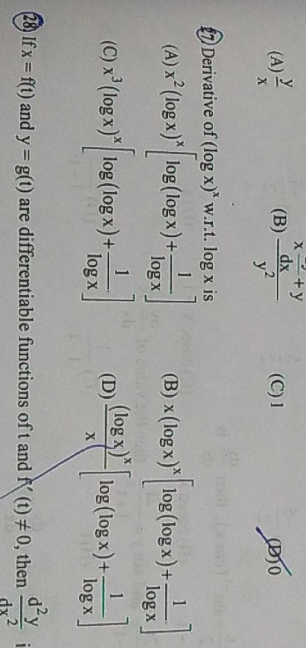 Derivative of (logx)x w.r.t. logx is | Filo