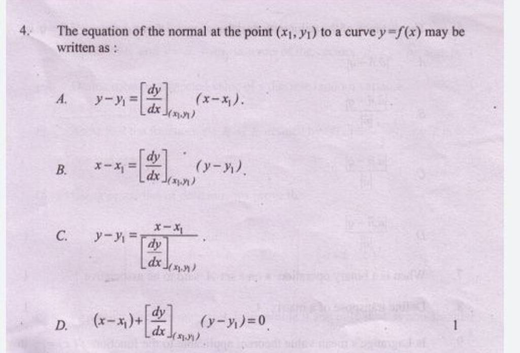 The equation of the normal at the point (x1 ,y1 ) to a curve y=f(x) may b..