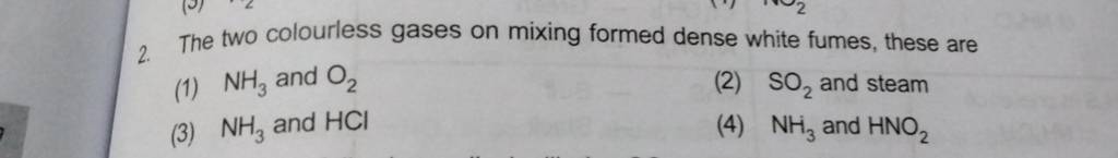 The two colourless gases on mixing formed dense white fumes, these are..