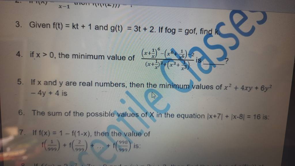 3. Given f(t)=kt+1 and g(t)=3t+2. If fog =g gof, find k. | Filo