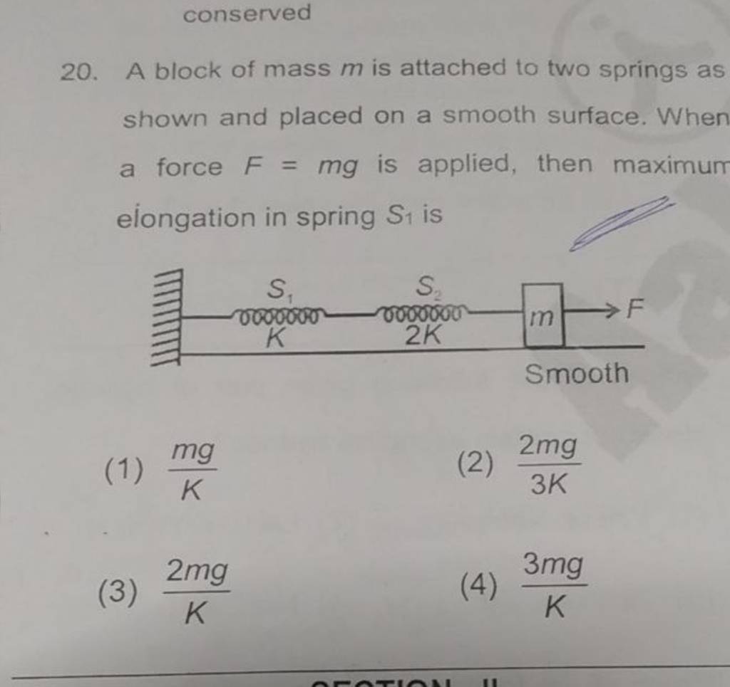 conserved 20. A block of mass m is attached to two springs as shown and p..
