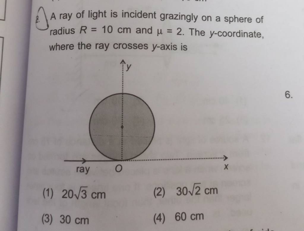 A ray of light is incident grazingly on a sphere of radius R=10 cm and μ=..