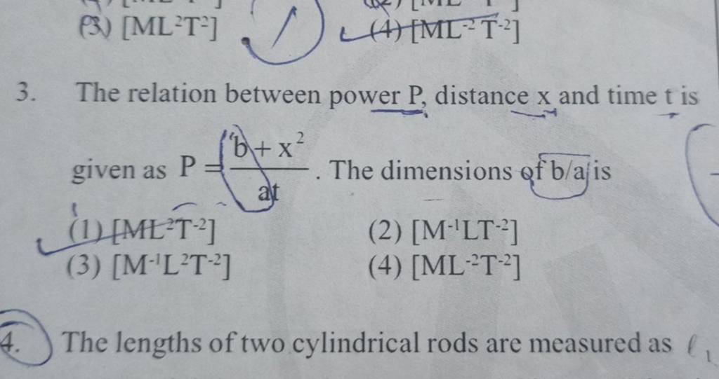 The relation between power P, distance x and time t is given as P=atb′b+x..