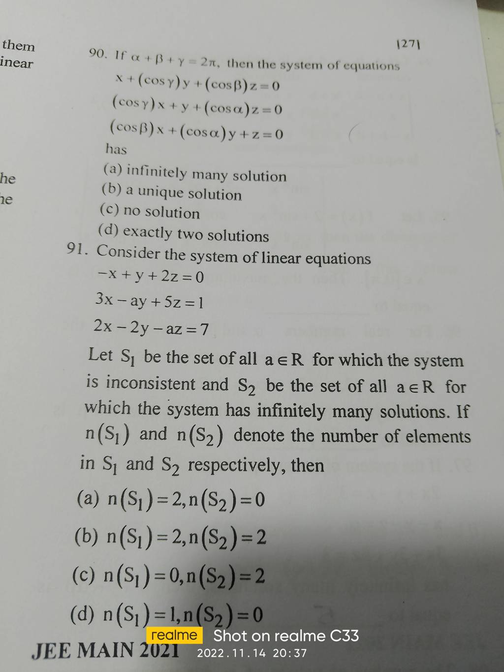 Consider The System Of Linear Equations −x Y 2z 03x−ay 5z 12x−2y−az 7 Le