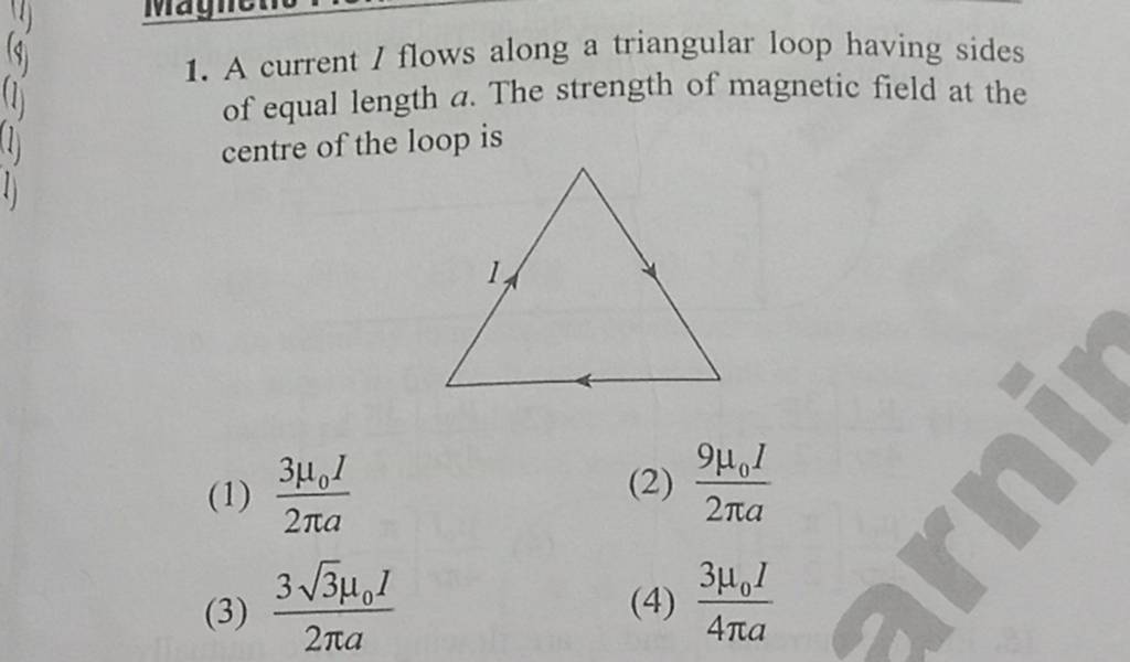 A current I flows along a triangular loop having sides of equal length a...