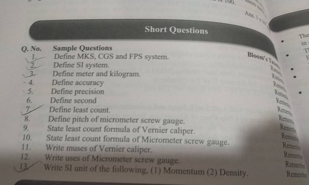 Short Questions Q. No. Sample Questions | Filo