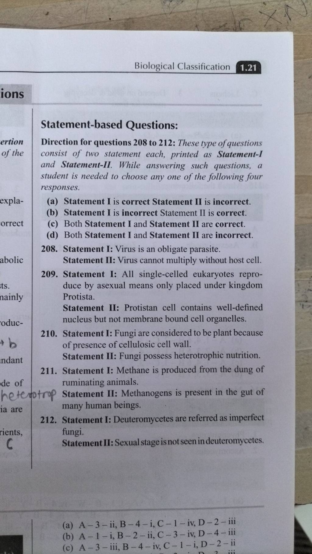 Biological Classification 1.21 Statement-based Questions: Direction for q..