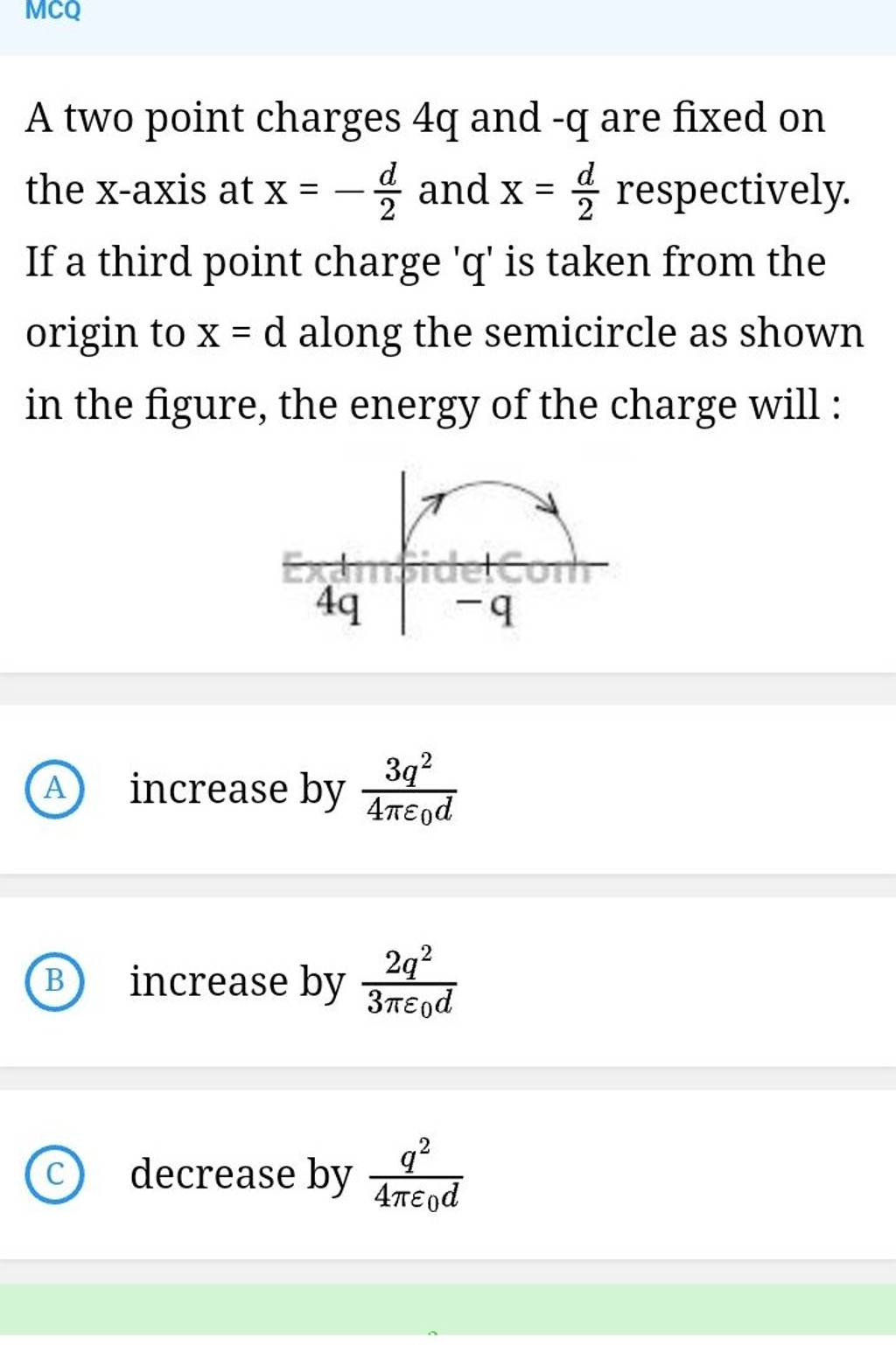 A two point charges 4q and −q are fixed on the x-axis at x=−2d and x=2d