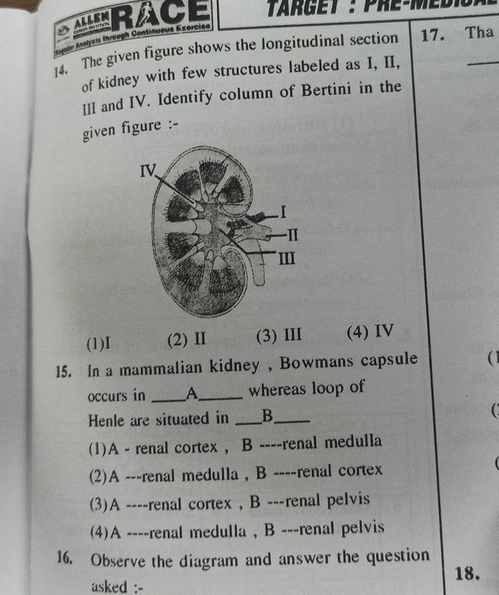 The given figure shows the longitudinal section of kidney with few struct..
