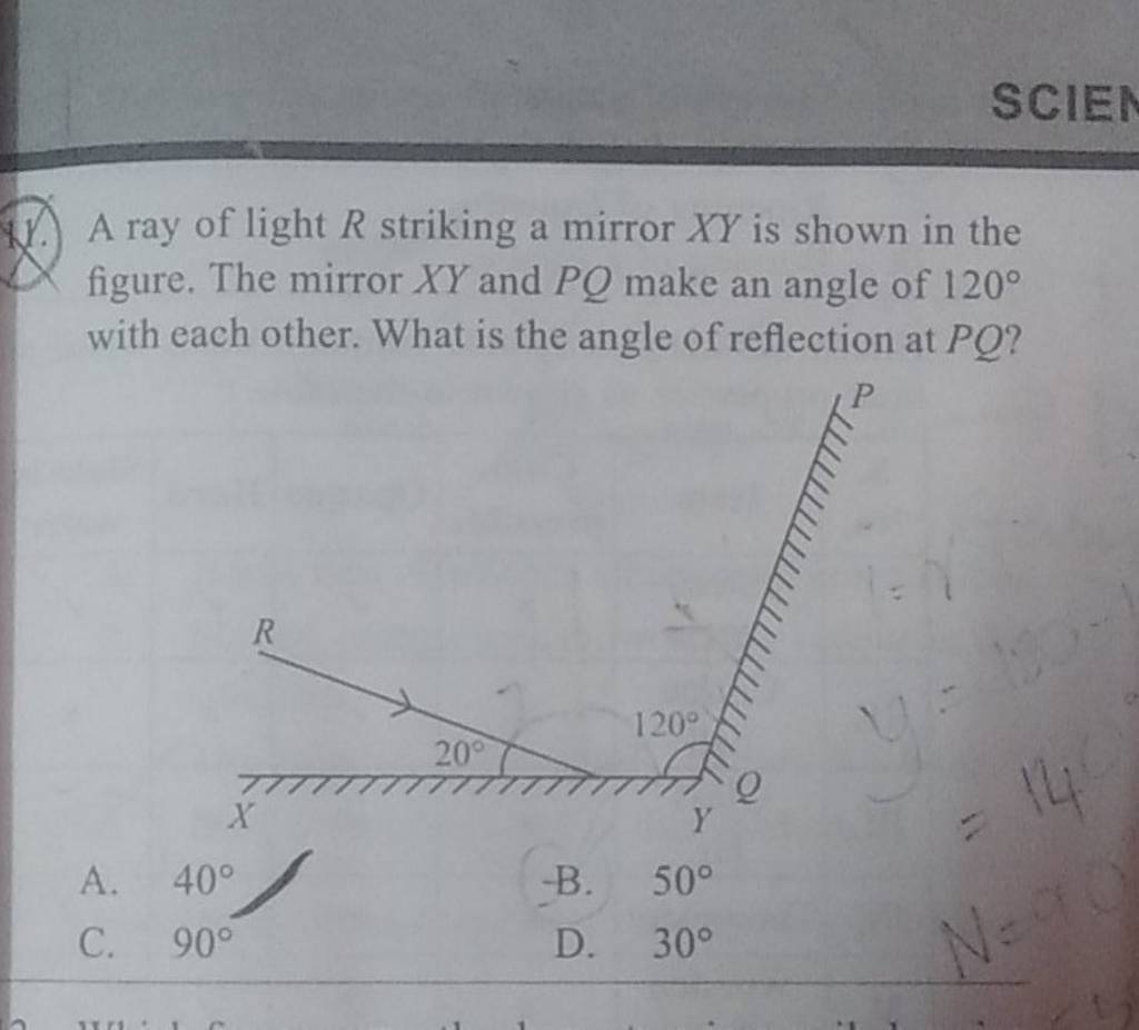 (1.) A ray of light R striking a mirror XY is shown in the figure. The mi..