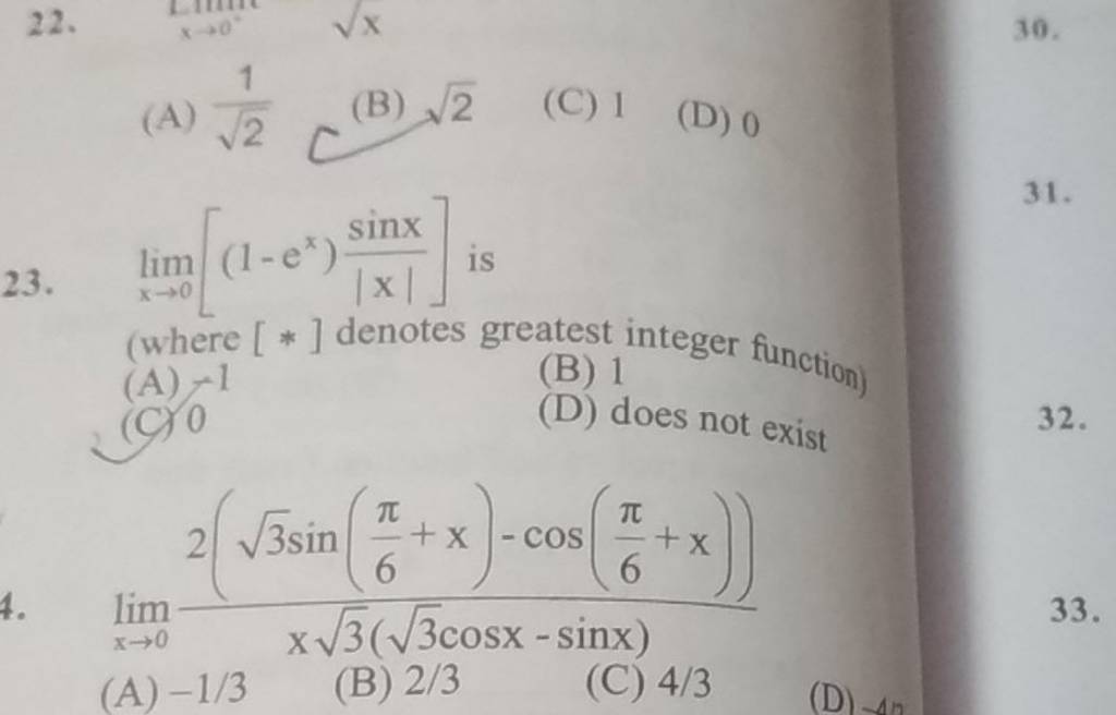 limx→0 [(1−ex)∣x∣sinx ] is (where [∗] denotes greatest integer function)