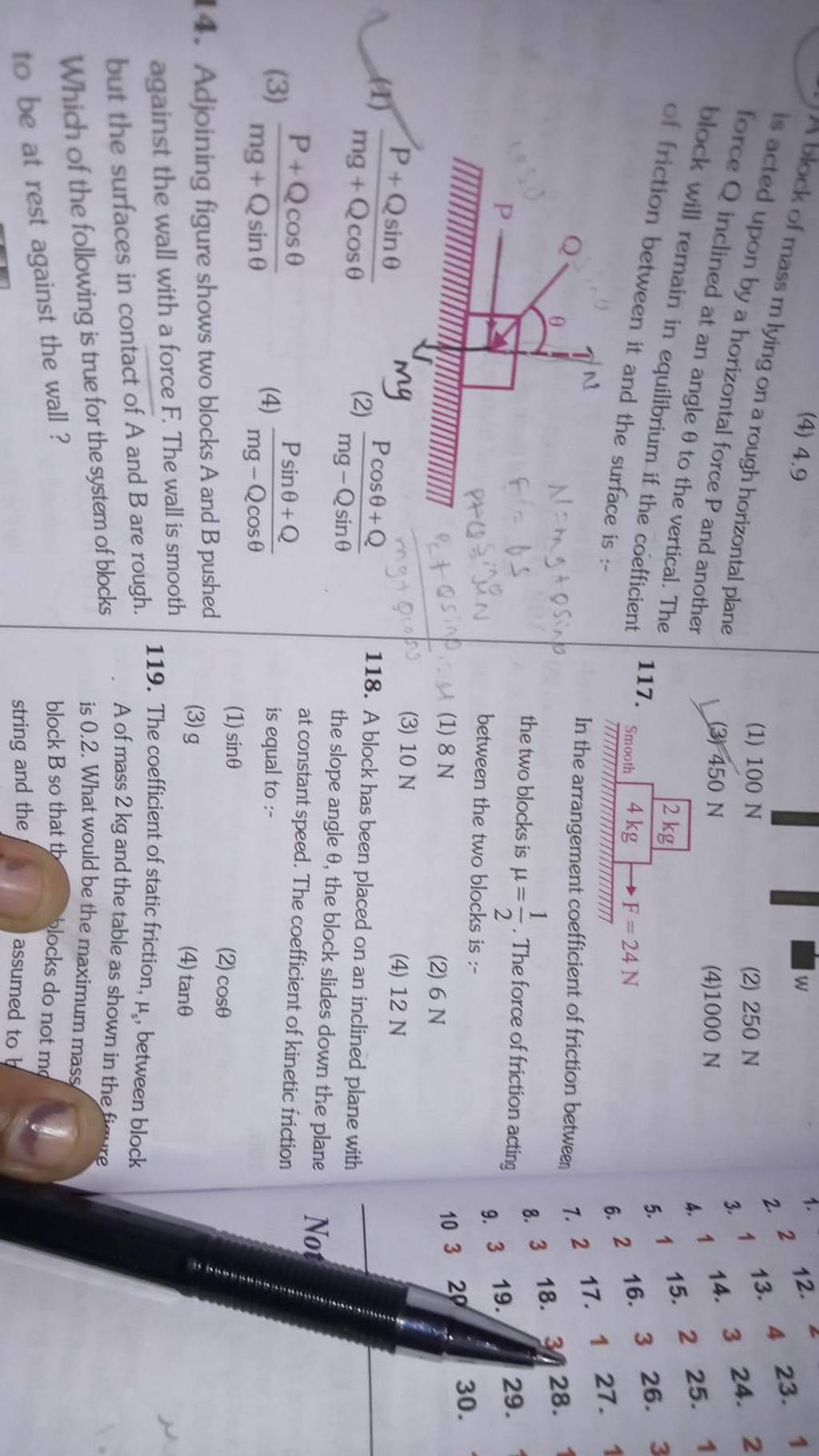 Adjoining figure shows two blocks A and B pushed against the wall with a Adjoining figure shows two blocks A and B pushed against the wall with a