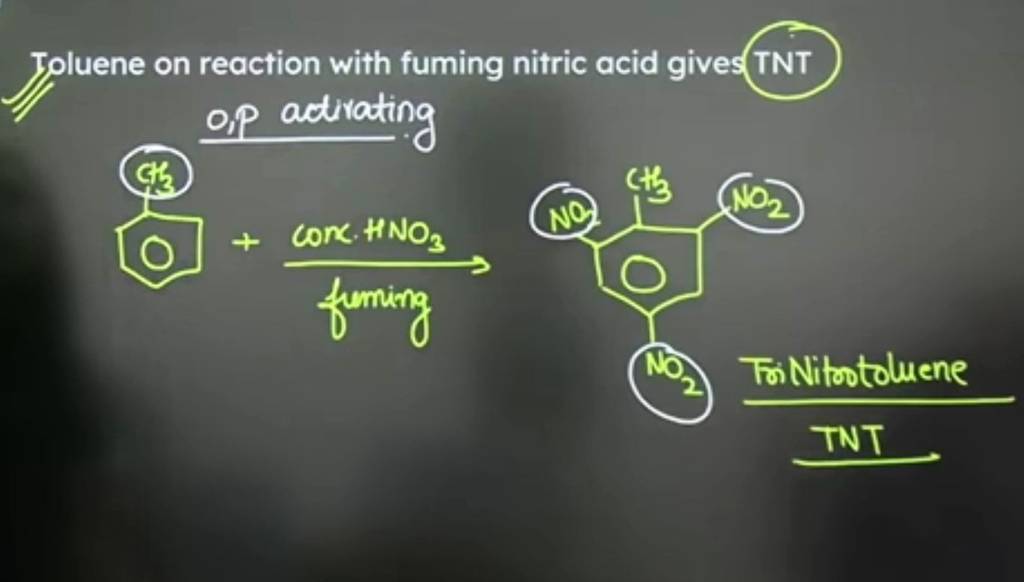 Toluene on reaction with fuming nitric acid gives TNT 0,P actirating + fu..