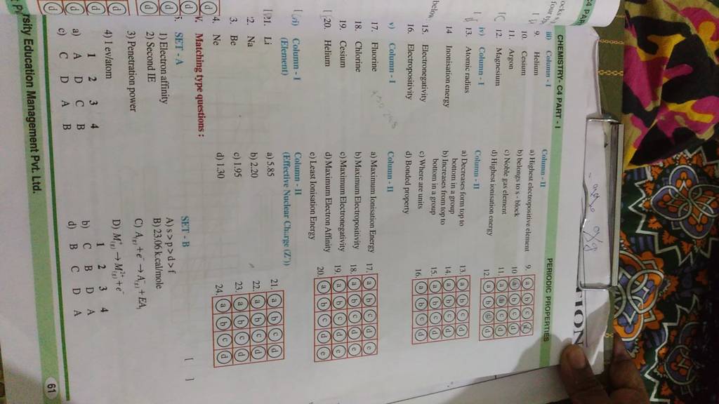 Matching type questions : SEI - A SET - B 1) Electron affinity | Filo Matching type questions : SEI - A SET - B 1) Electron affinity | Filo