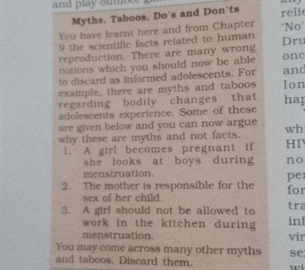 Myths, Taboos, Do's and Don'ts You have learnt here and from Chapter 9 th..