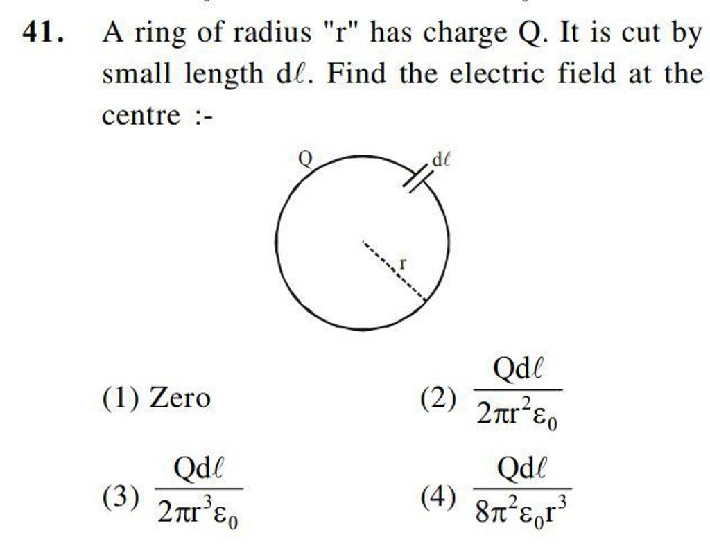 A ring of radius " r " has charge Q. It is cut by small length dℓ. Find t..
