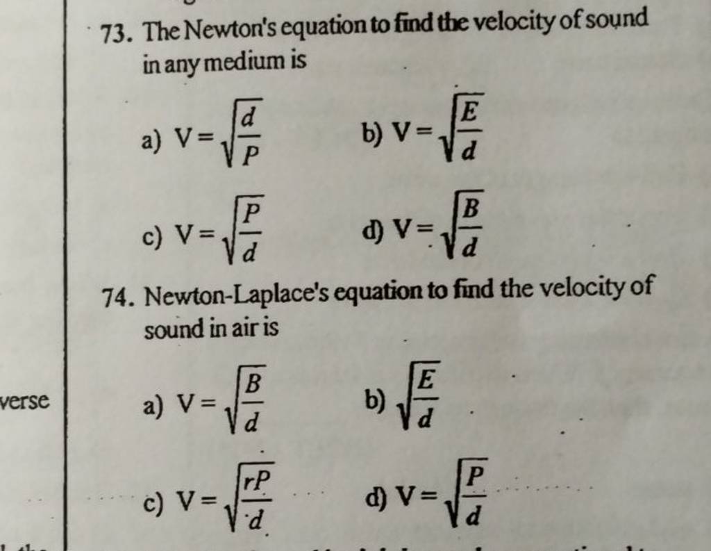 Newton-Laplace's equation to find the velocity of sound in air is | Filo