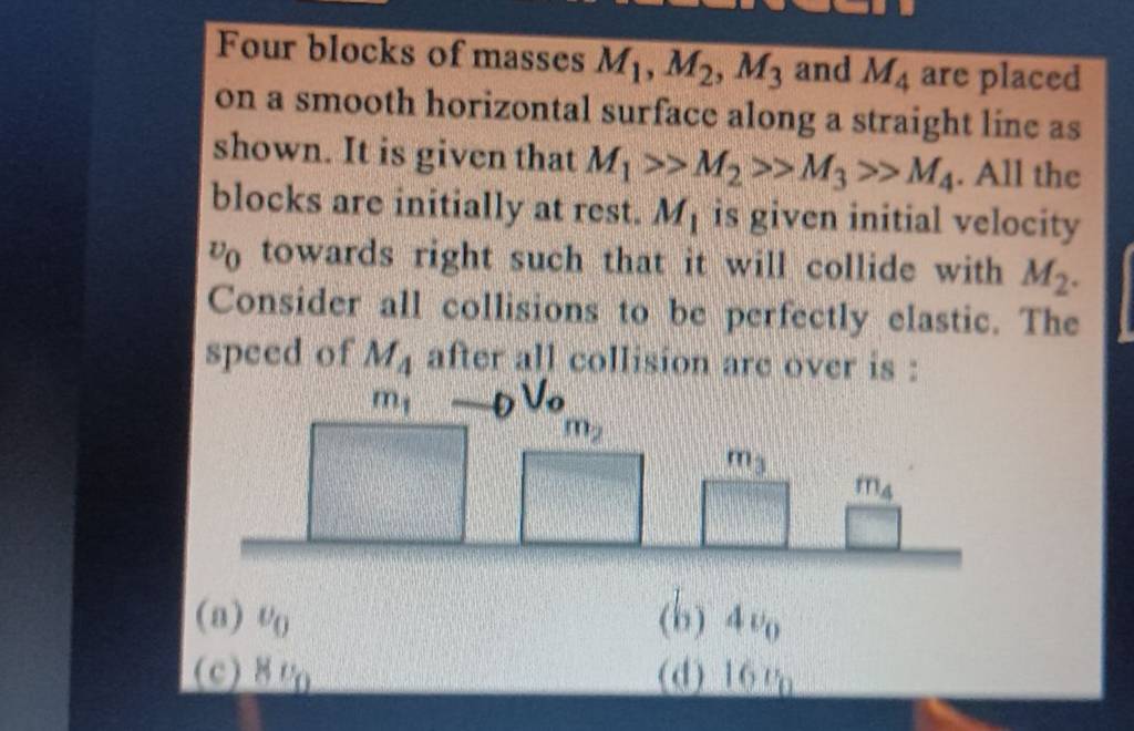 Four blocks of masses M1 ,M2 ,M3 and M4 are placed on a smooth horizont..