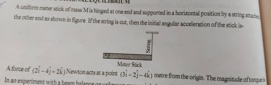 A uniform meter stick of mass M is hinged at one end and supported in a h..