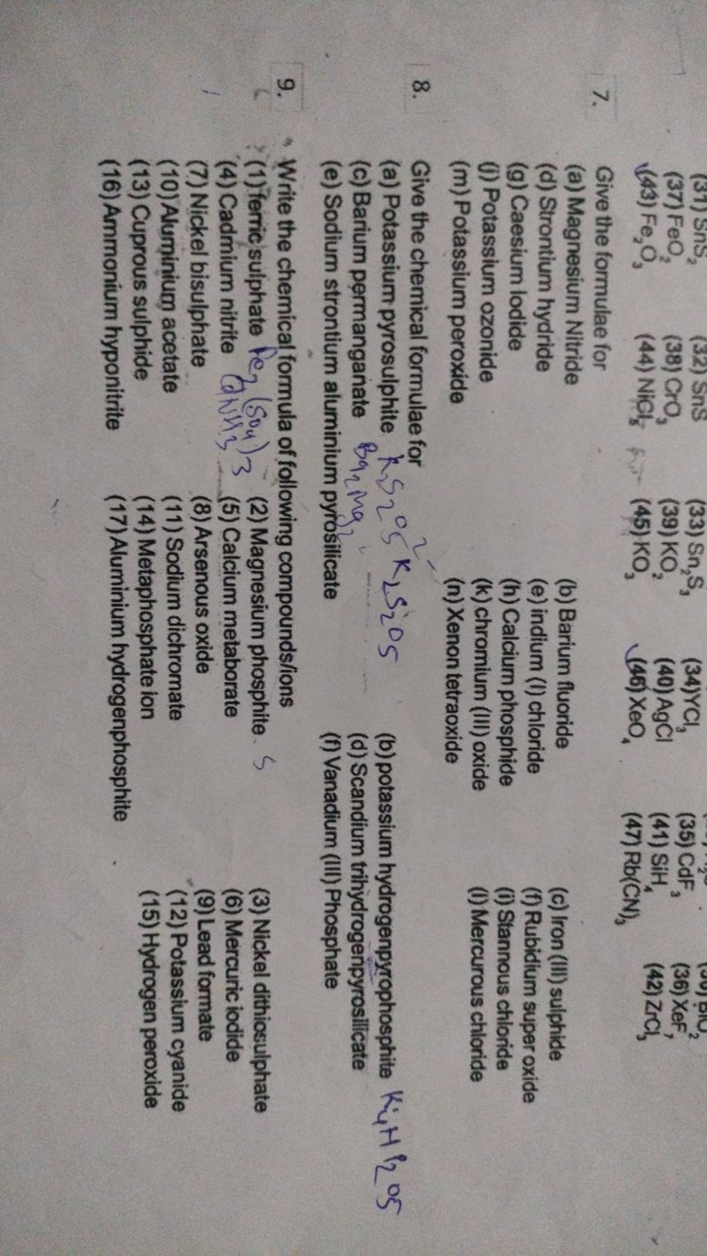 Potassium ozonide (h) Calcium phosphide (i) Stannous chloride (m) Potass..
