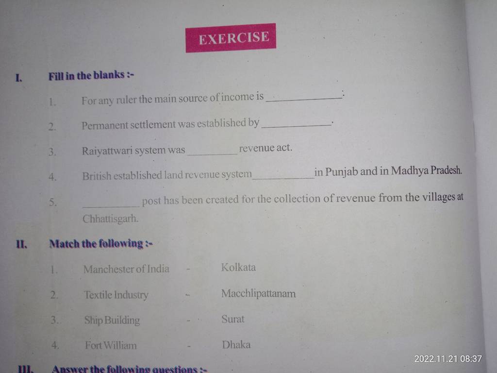 EXERCISE I. Fill in the blanks :- | Filo