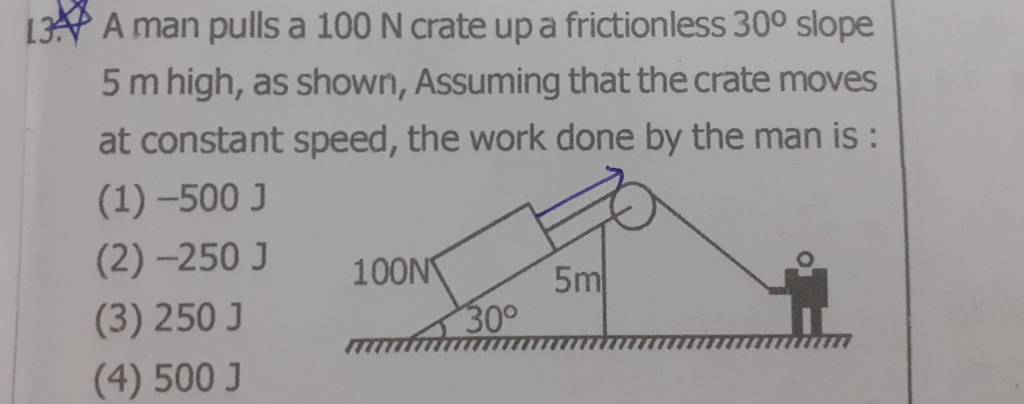 A man pulls a 100 N crate up a frictionless 30∘ slope 5 m high, as shown,..