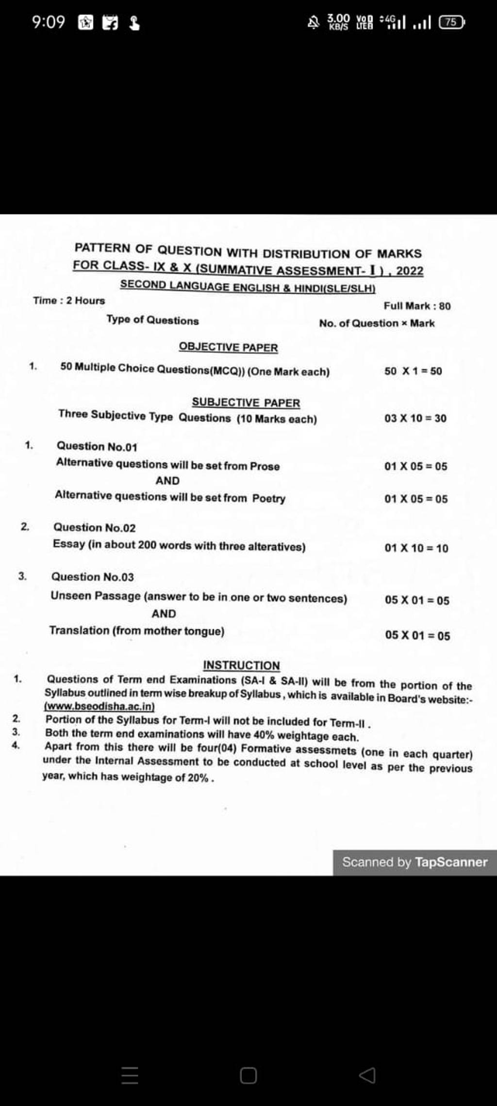 PATTERN OF QUESTION WITH DISTRIBUTION OF MARKS FOR CLASS- IX \& X (SUMMAT..