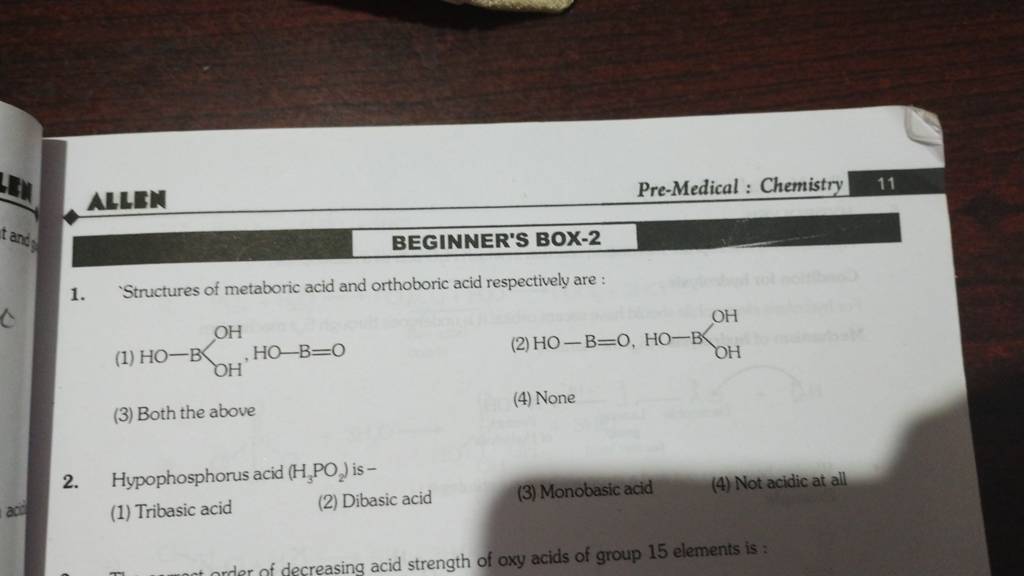ALLEN Pre-Medical : Chemistry 11 BEGINNER'S BOX-2 1. Structures of metabo..