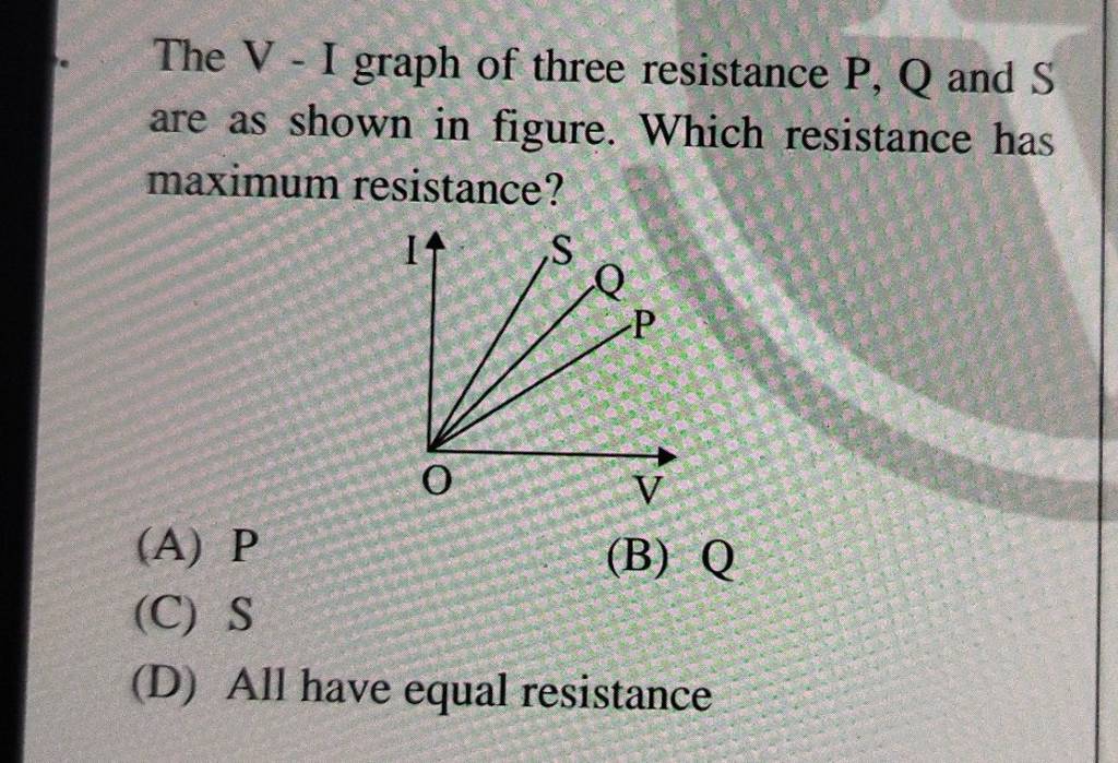 The V - I graph of three resistance P,Q and S are as shown in figure. Whi..