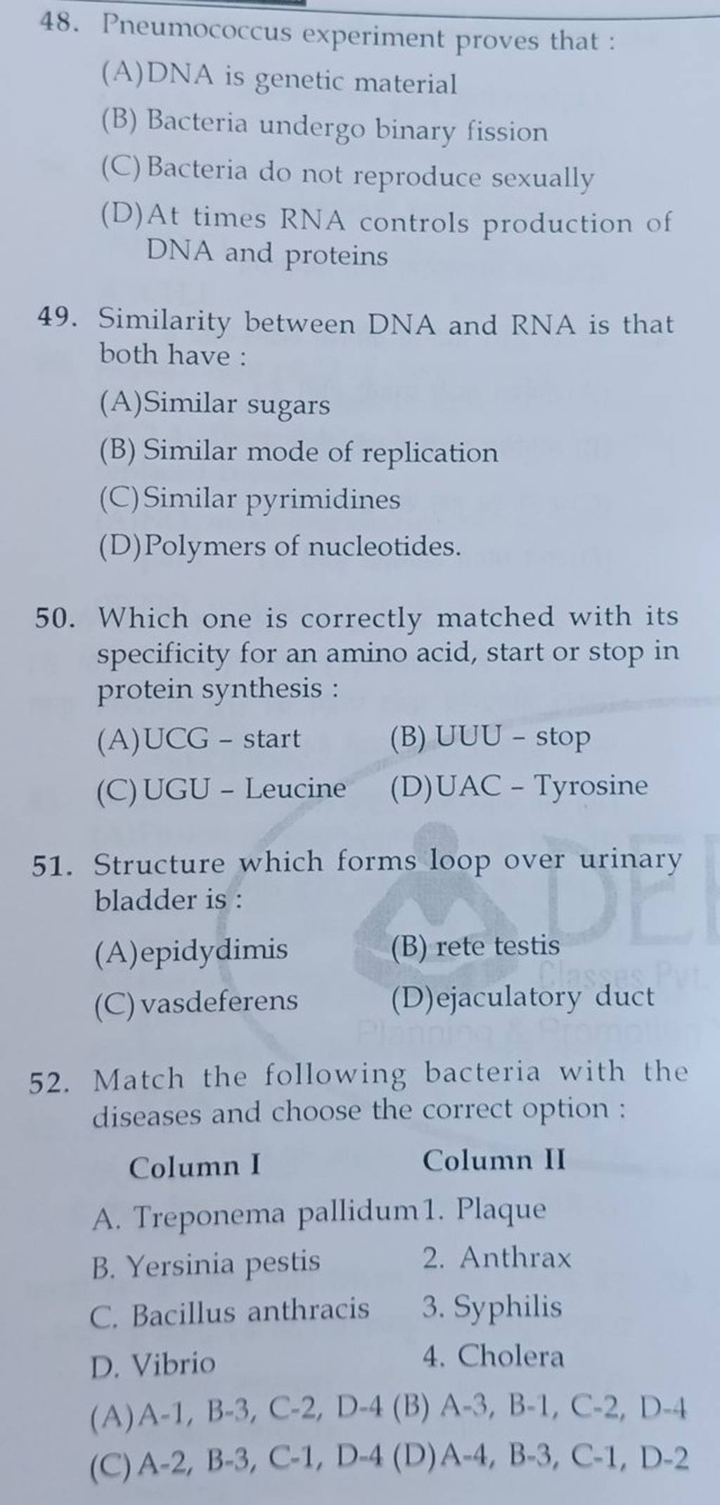 Match the following bacteria with the diseases and choose the correct opt..