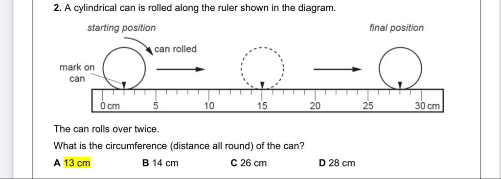 2. A cylindrical can is rolled along the ruler shown in the diagram. star..