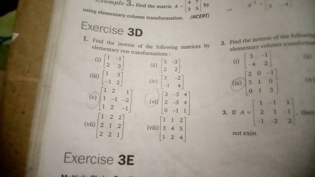 using elementary column transformation. Exercise 3D 1. Find the inverse o..