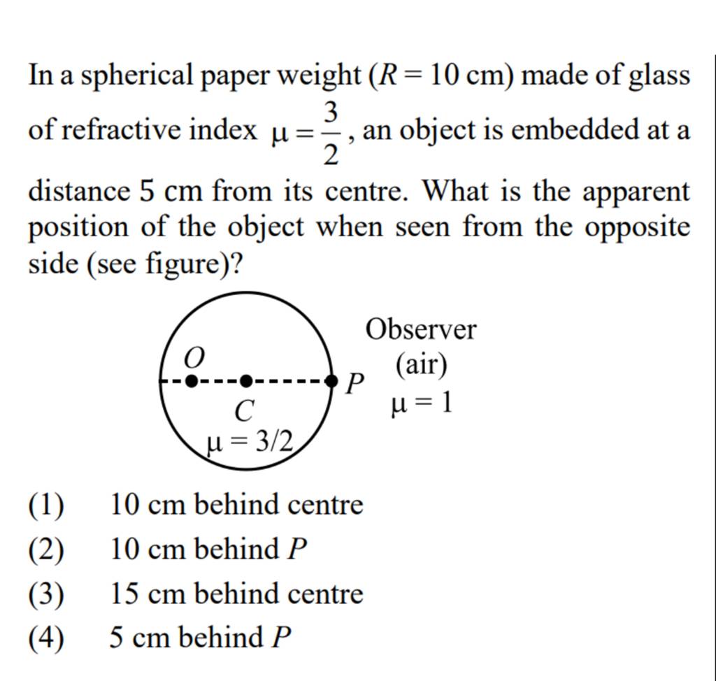 In a spherical paper weight (R=10 cm) made of glass of refractive index μ..