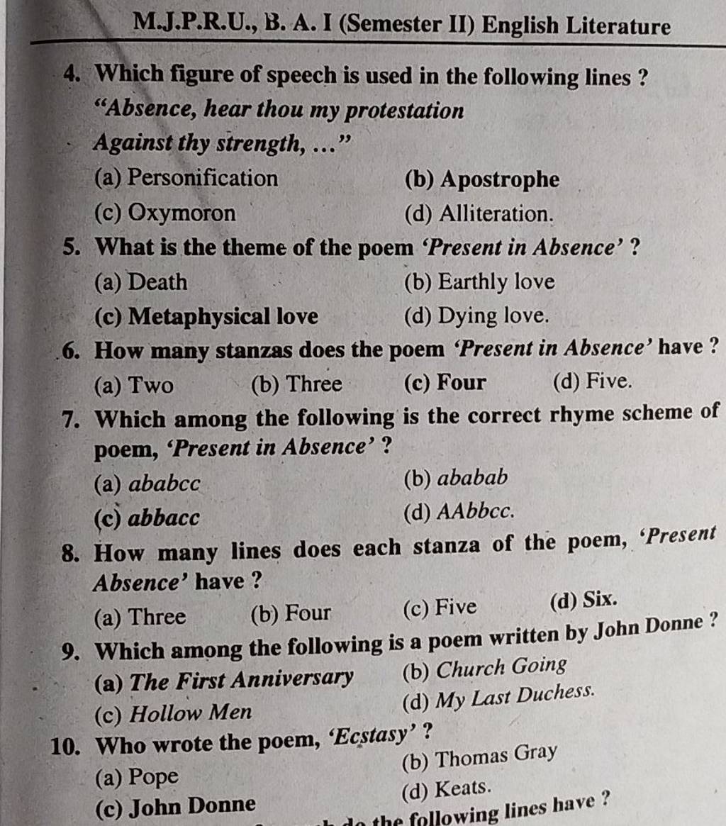 How many stanzas does the poem 'Present in Absence' have ? | Filo