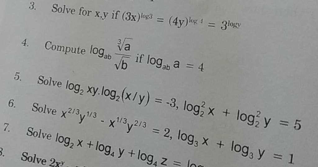 3. Solve for x,y if (3x)log3=(4y)log4=3logy | Filo