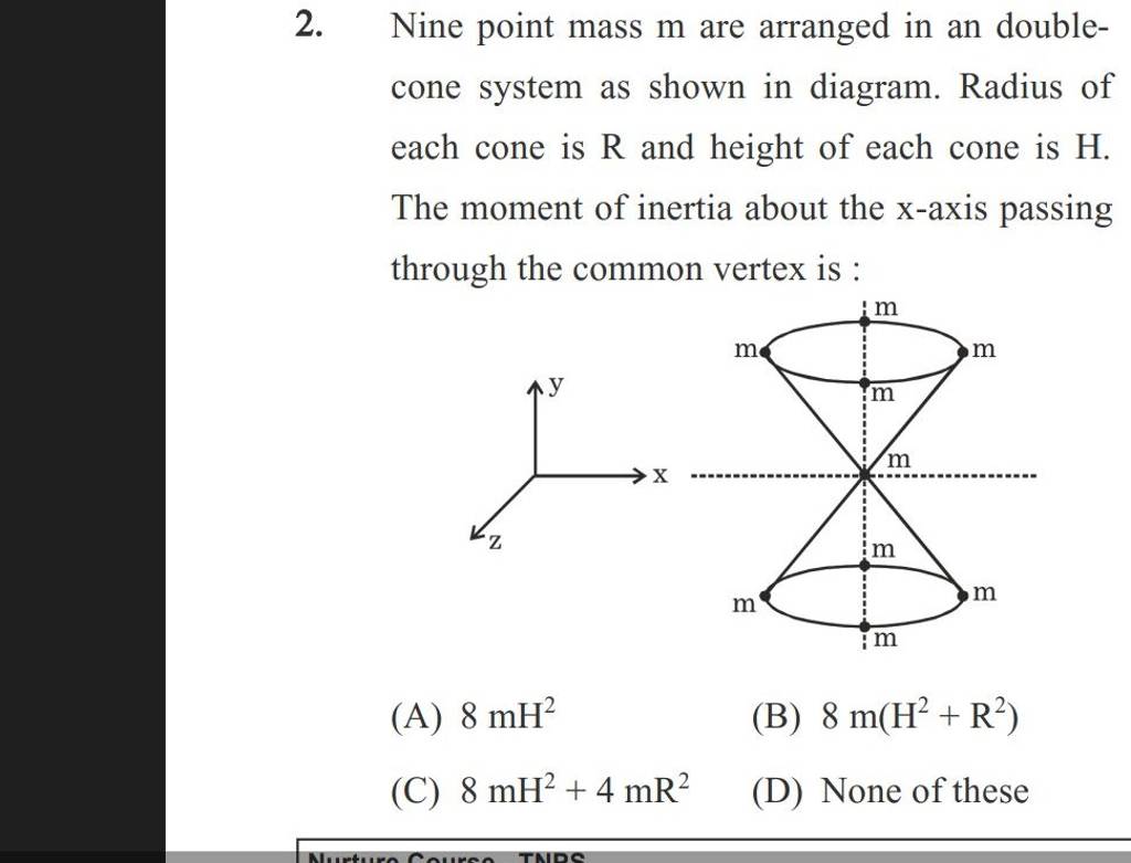 Nine point mass m are arranged in an doublecone system as shown in diagra..