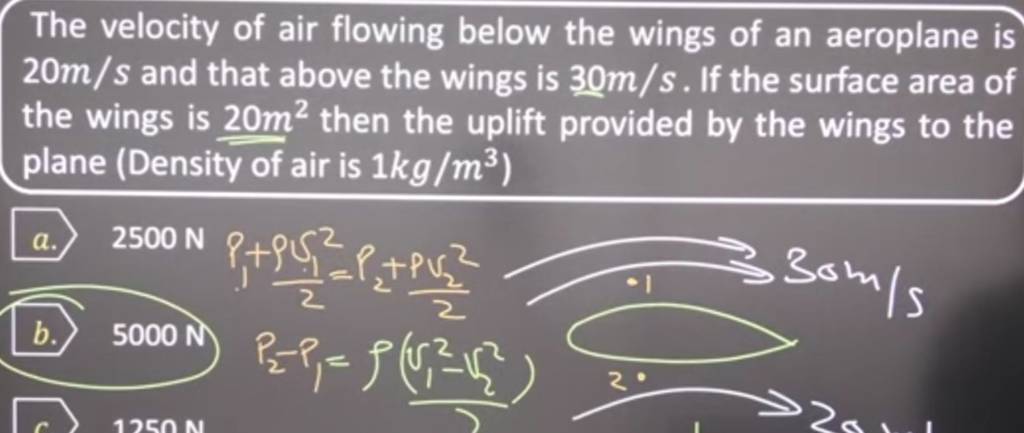 The velocity of air flowing below the wings of an aeroplane is 20 m/s and..