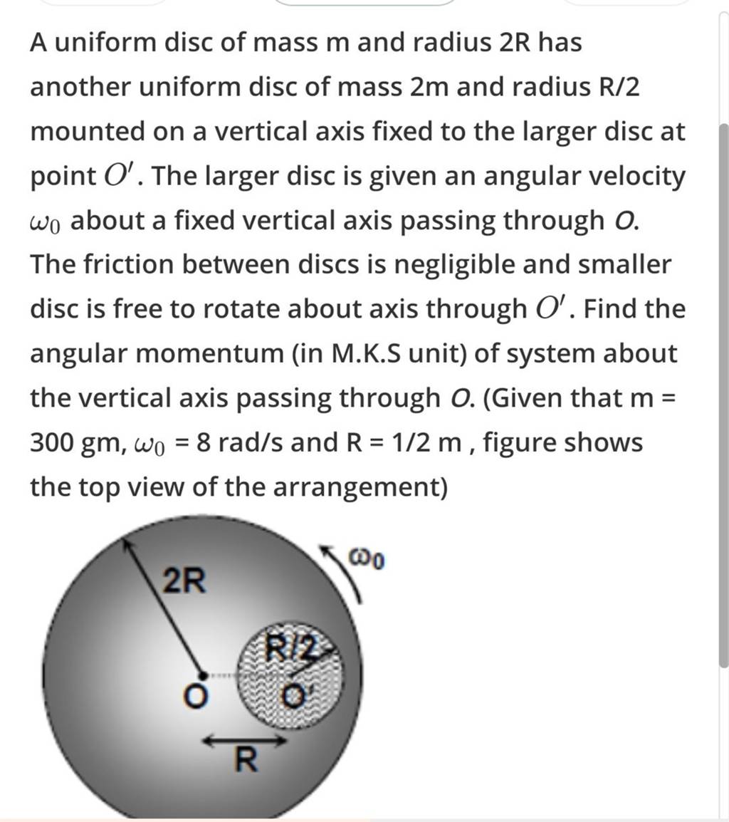 A uniform disc of mass m and radius 2R has another uniform disc of mass 2.. A uniform disc of mass m and radius 2R has another uniform disc of mass 2..