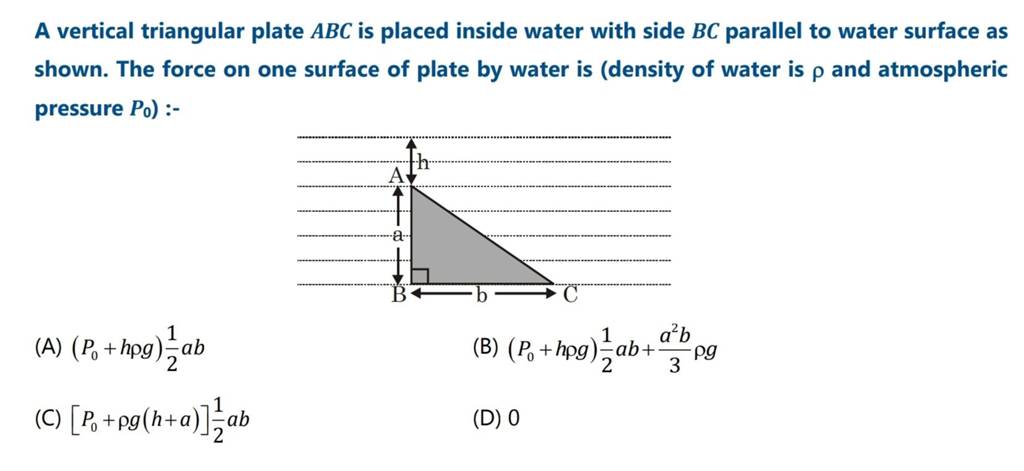 A vertical triangular plate ABC is placed inside water with side BC paral..