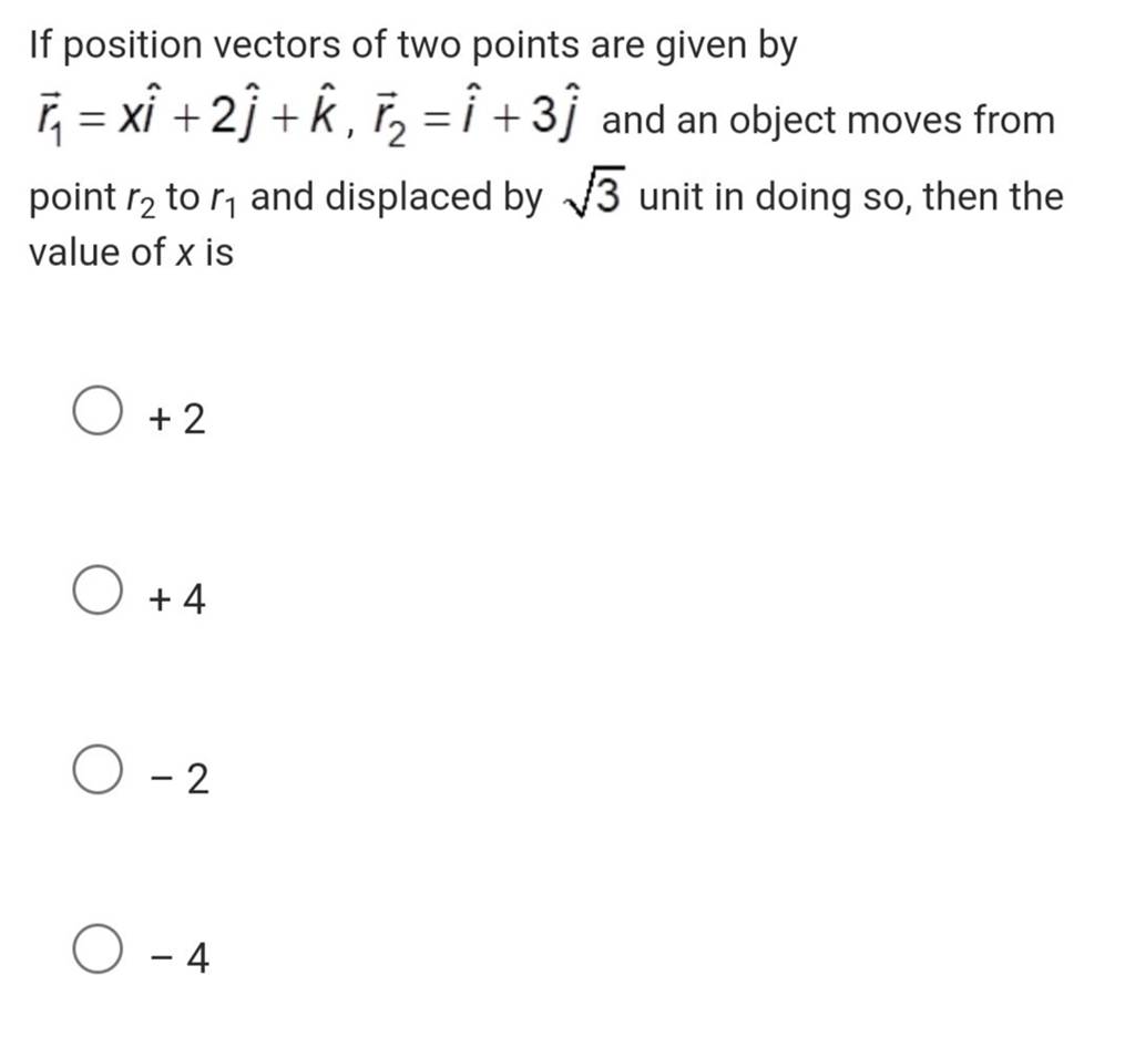 If position vectors of two points are given by r1 =xi^+2j^ +k^,r2 =i^+3j^..