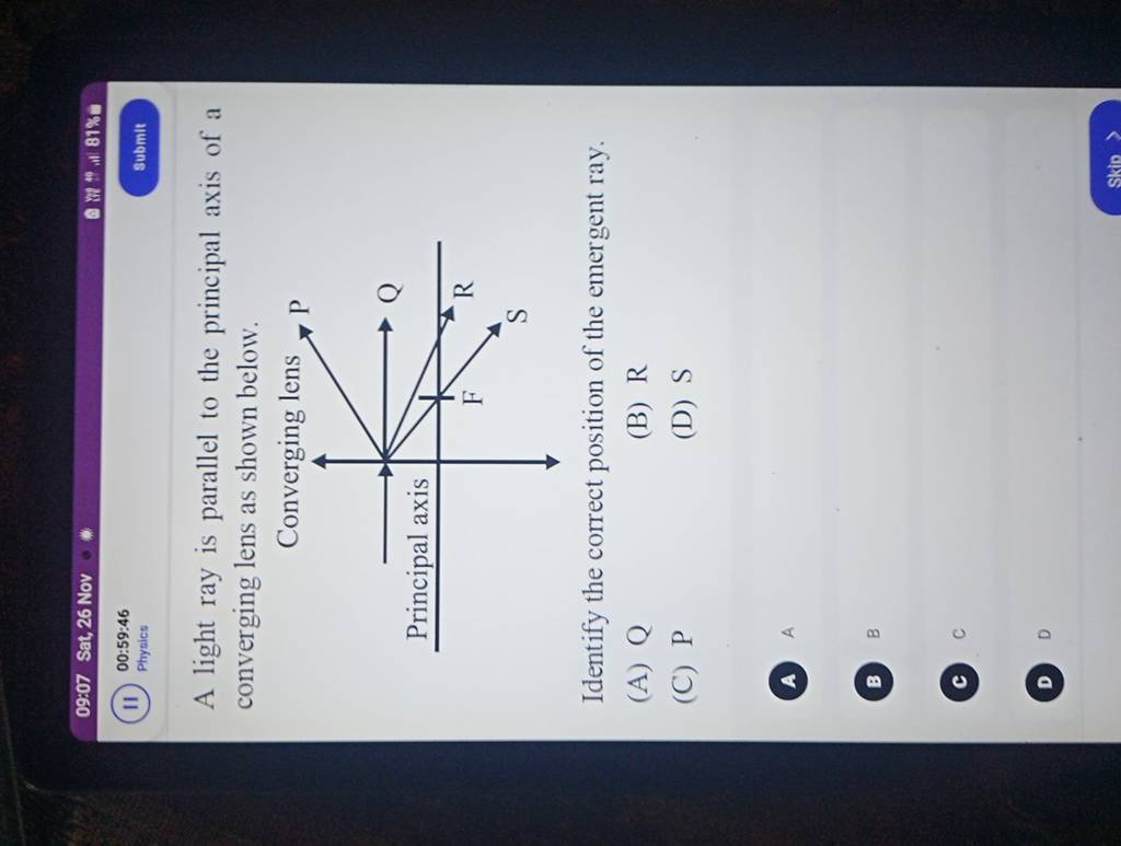 A light ray is parallel to the principal axis of a converging lens as sho..