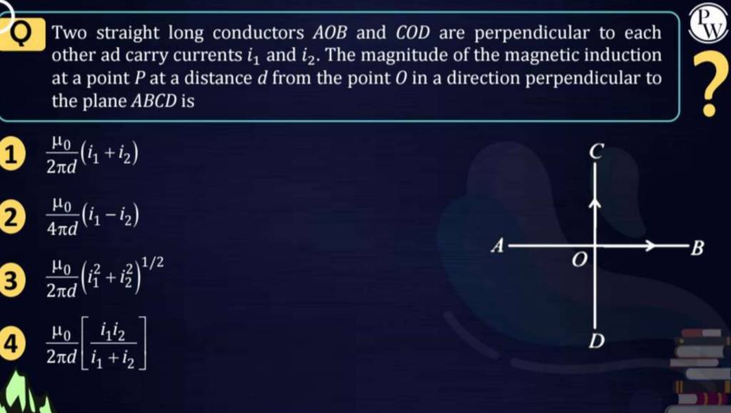 Two straight long conductors AOB and COD are perpendicular to each W) oth..