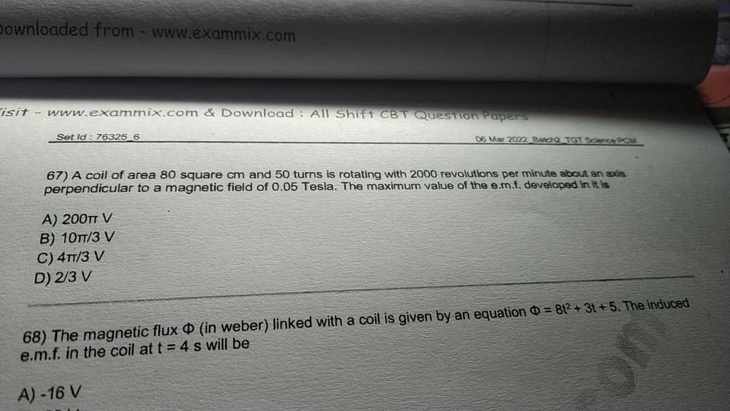 The magnetic flux Φ (in weber) linked with a coil is given by an equatio..