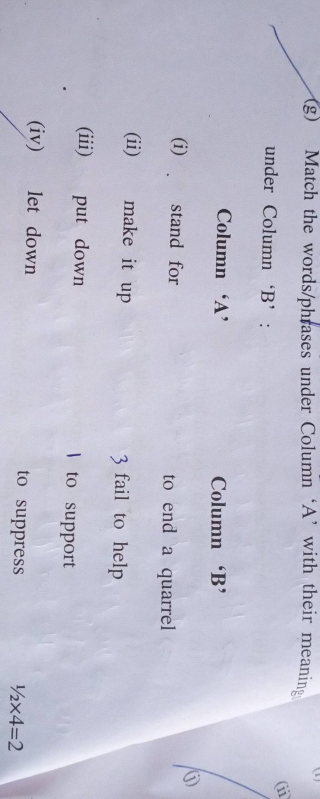 Match the words/phtases under Column 'A' with their meaning under Column..