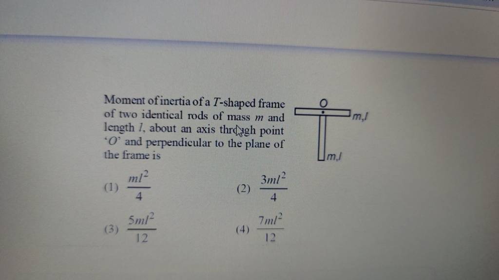 Moment of inertia of a T-shaped frame of two identical rods of mass m and..
