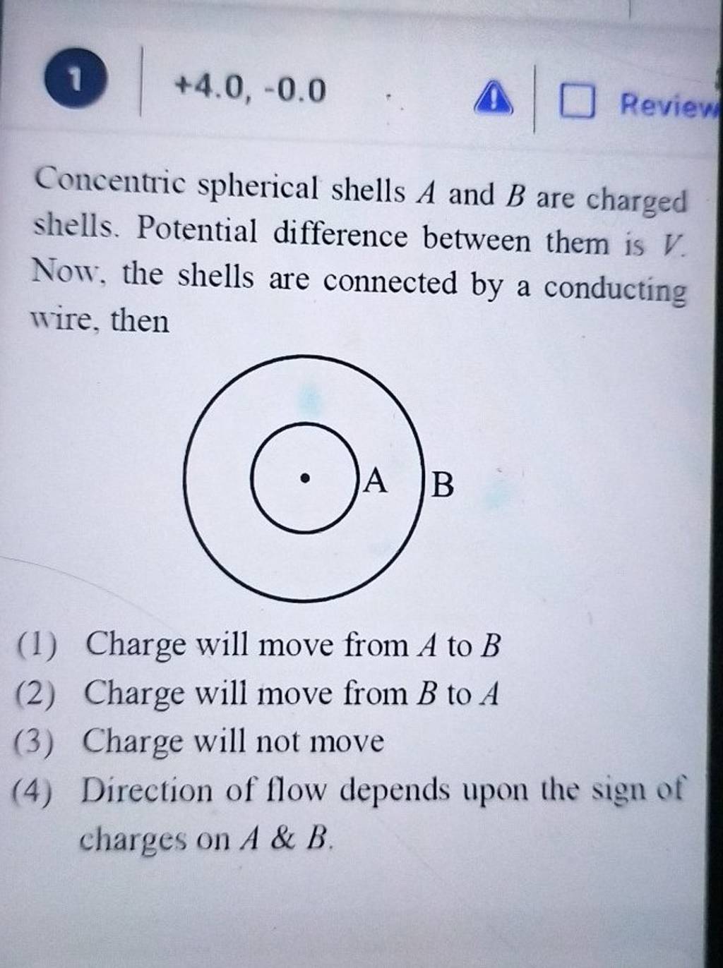 Review Concentric spherical shells A and B are charged shells. Potential